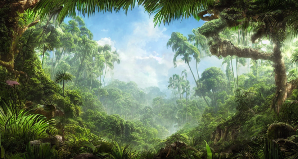 prompthunt: a matte painting of a lush prehistoric jungle, TOEI ...