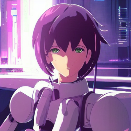 prompthunt: makoto shinkai. robotic android girl. cyberpunk.