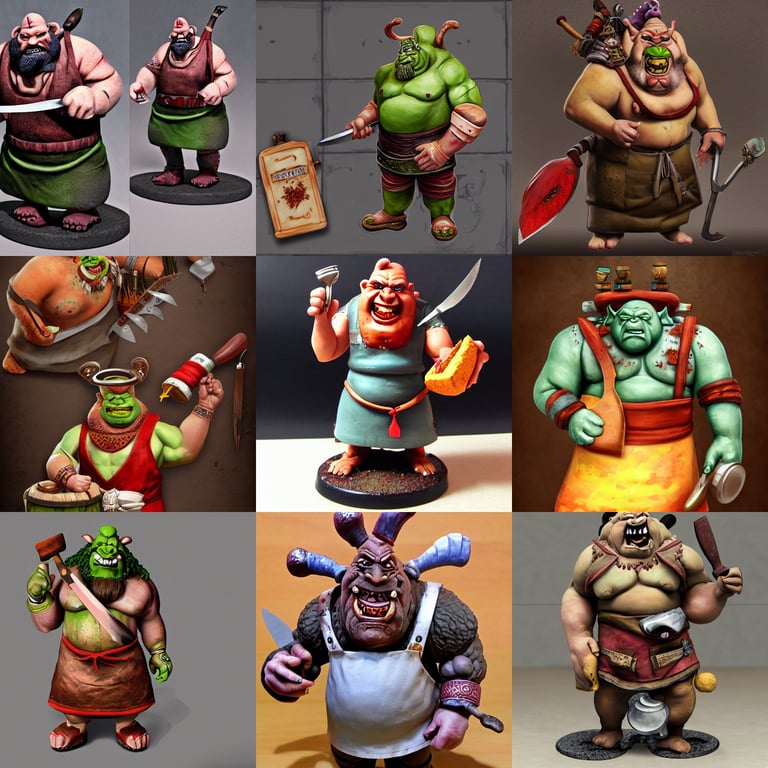 prompthunt: ogre chef in an apron, he has big knives on his belt ...