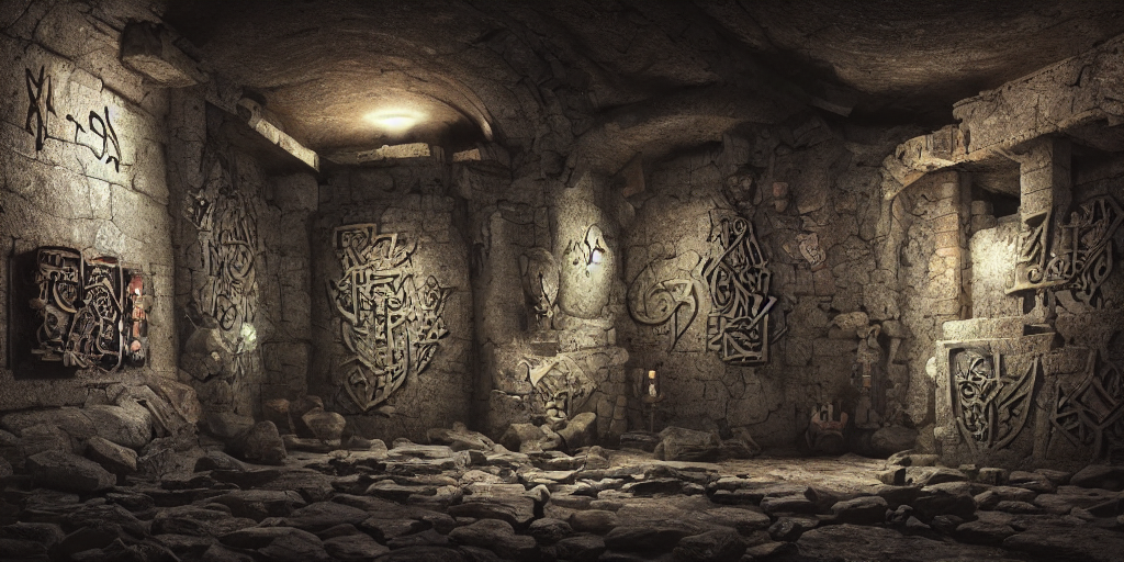 prompthunt: ancient catacombs, dark fantasy, sigils, runes, magic ...