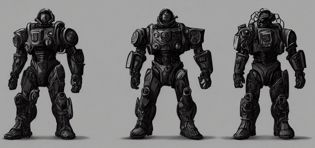 prompthunt: fallout power armor frames concept art, black background ...