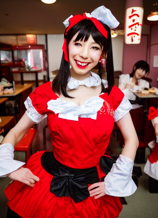 prompthunt: a japanese idol dressed in red maid costume in a maid cafe ...