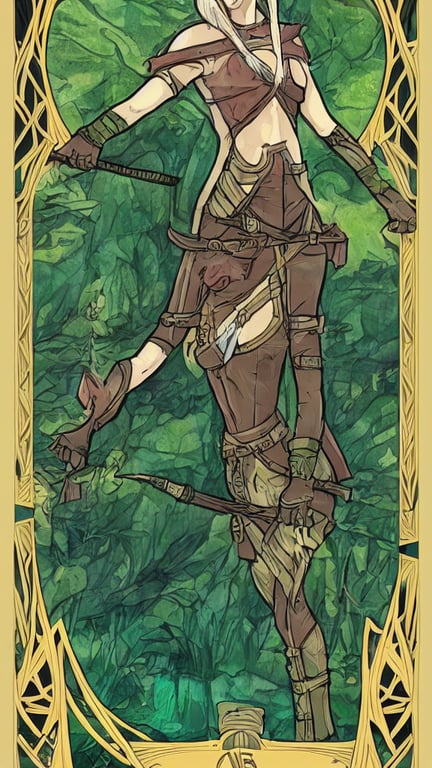 prompthunt: female elf ranger in fantasy forest, art deco tarot card style