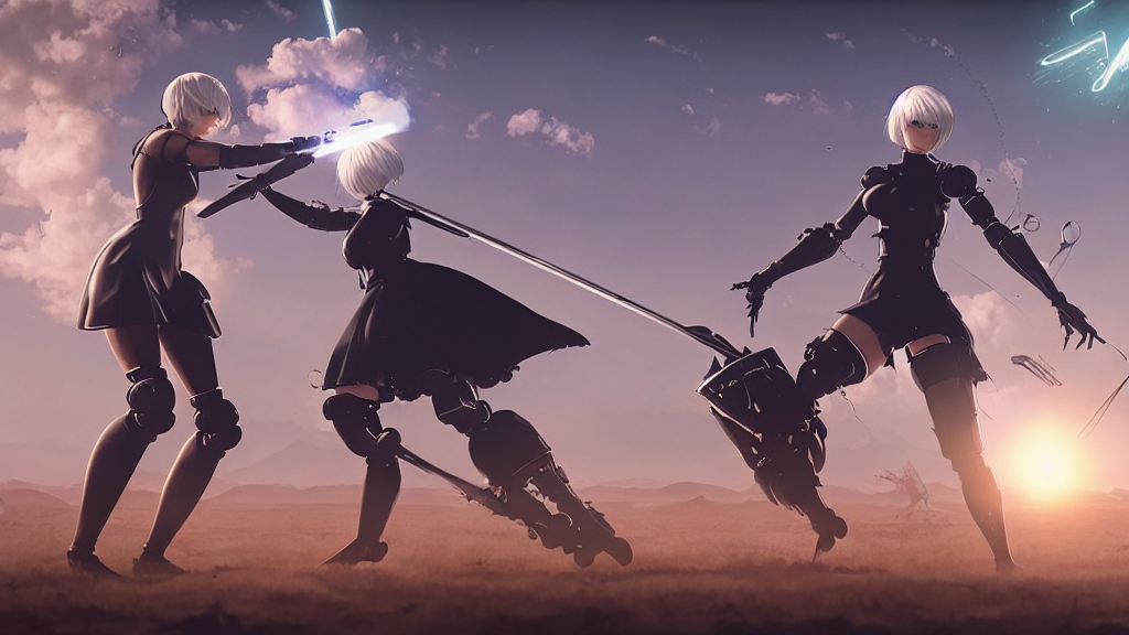 prompthunt: 2 b nier automata fighting a robot, art by moebius, starry ...