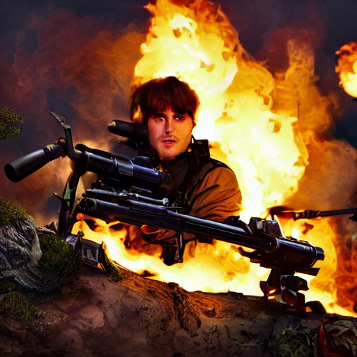 prompthunt: Rambo shooting flames out of a flamethrower, moonlight ...