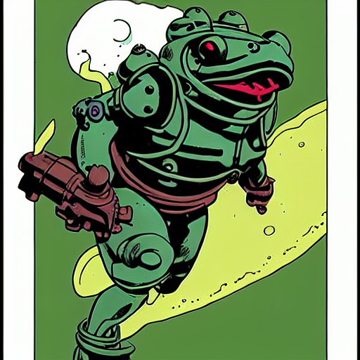 prompthunt: Frog in wearing frog power armor flying with a jetpack ...