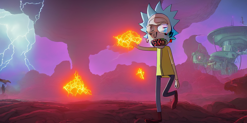 prompthunt: Rick and Morty on doom and gloom planet, lightning storm ...