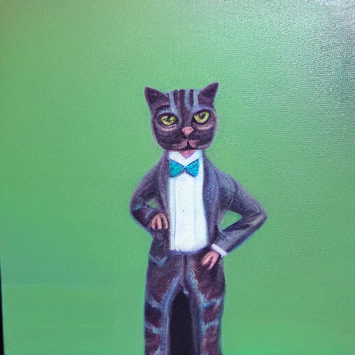 prompthunt: oil painting of a bipedal cat in suit,