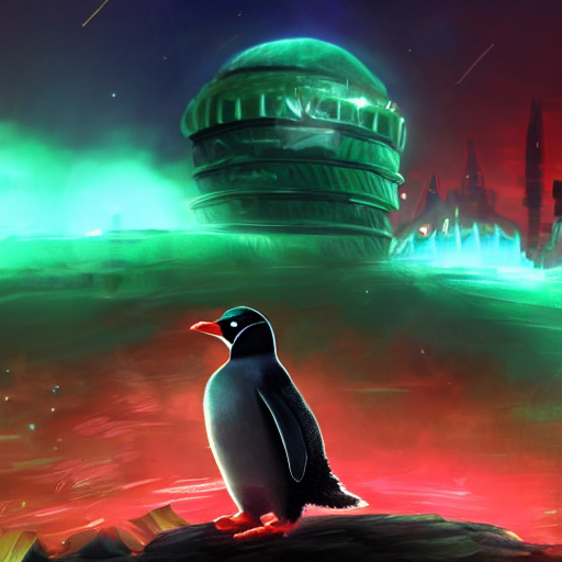 prompthunt: penguin with red glowing eyes in front of a green glowing ...