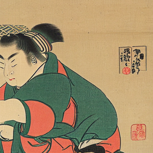 prompthunt: edo period japanese print of a sumo wrestler using a computer