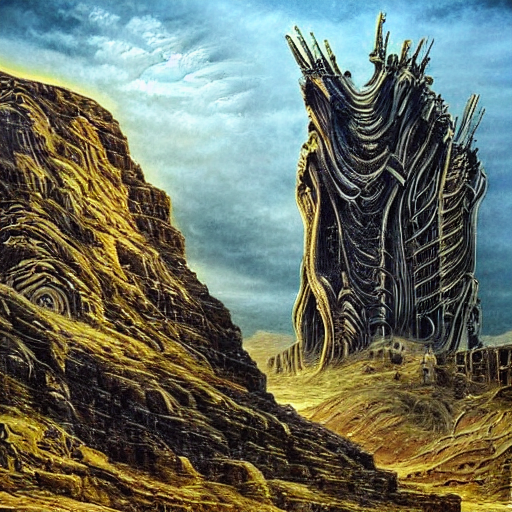 prompthunt: a building in a stunning landscape by by H R Giger