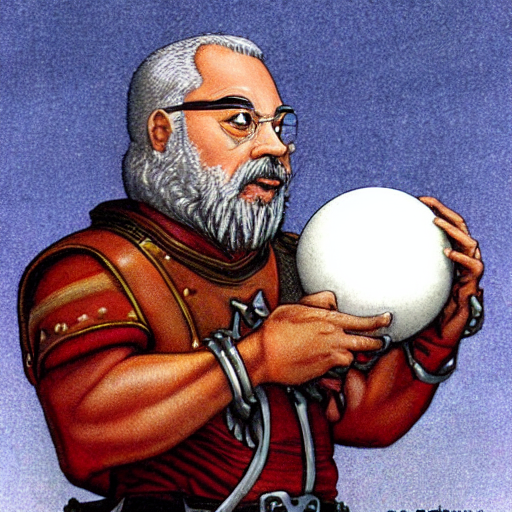 prompthunt: Gary Gygax pondering his D20 Orb by Todd Lockwood