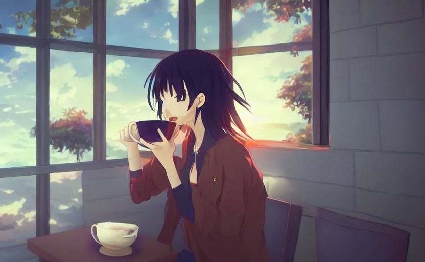 Anime Girl Drinking Coffee