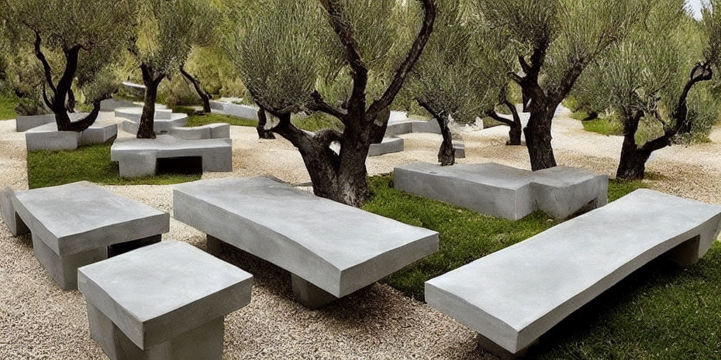 prompthunt: creative concrete benches, colorful, olive trees