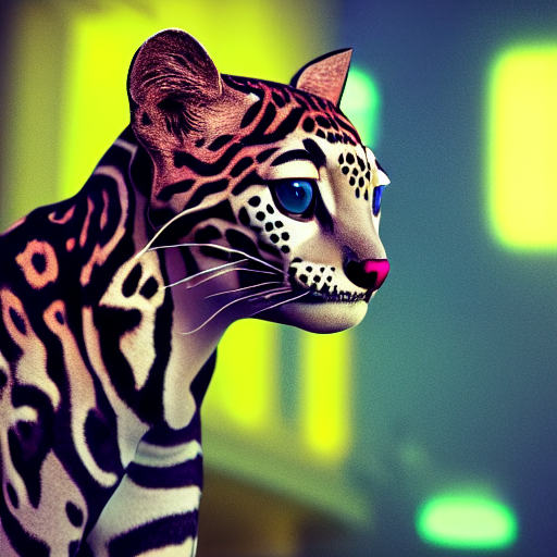 prompthunt: profile shot of a neon ocelot, city lights, strong bokeh ...