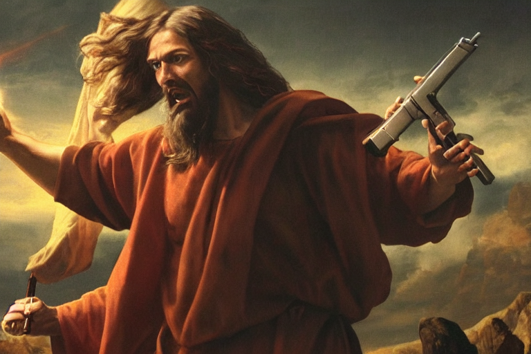 prompthunt: real life photo of angry Jesus Christ brandishing a pistol ...