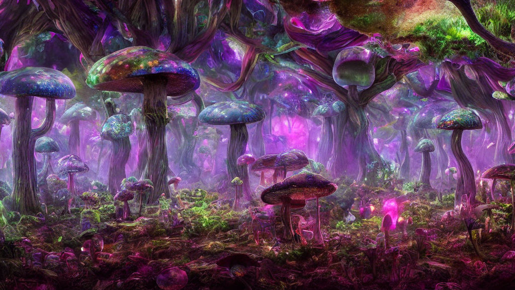 prompthunt: exploring a mushroom forest, 8k, acid trip, hall of mirrors ...