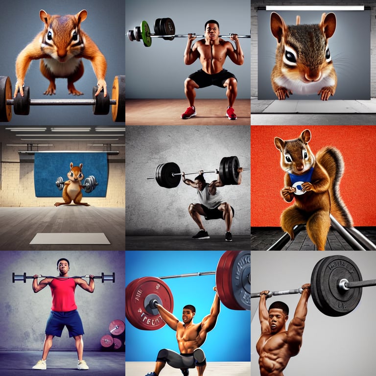 prompthunt: a high quality photo of chipmunk weightlifting barbell over it's head, backdrop ...