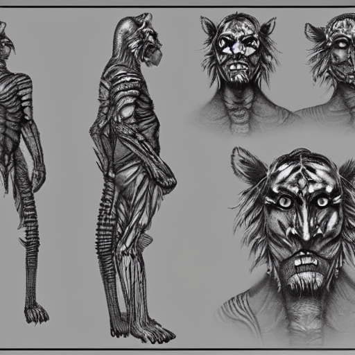 prompthunt: Tiger man inspired by HR Giger, Character reference Sheet