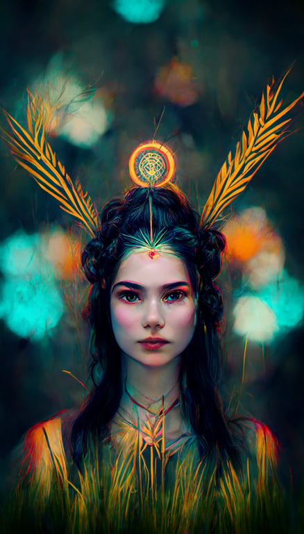 prompthunt: Goddess Artemis, cybernetic angel, a field of tall grass ...