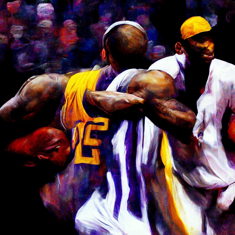 prompthunt: Kobe Bryant elbow strike Lebron James at the home of the Lakers