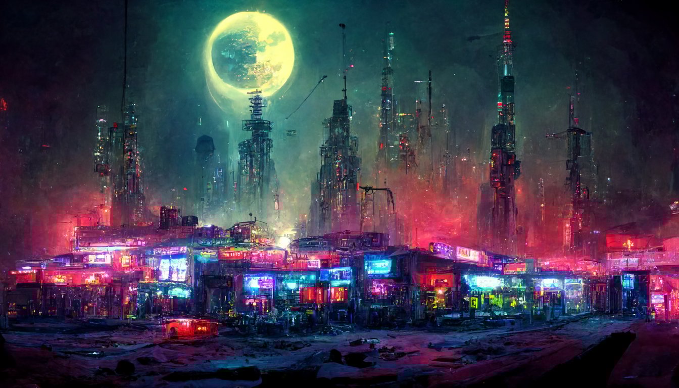 prompthunt: upside down cyberpunk neon city on the bottom of the moon