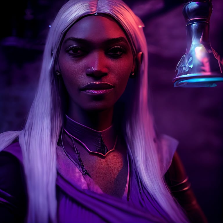 prompthunt: a female drow elf bartender. smiling. dark skin. pointed ...