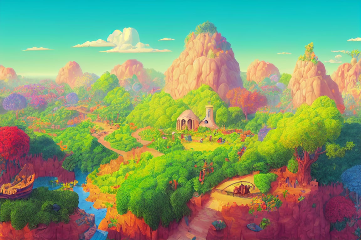 prompthunt: Isometric game environment in Pixar style, heaven and the garden of eden, cartoon ...