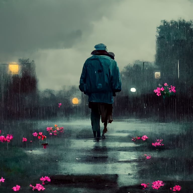 Lonely Man Walking In Rain