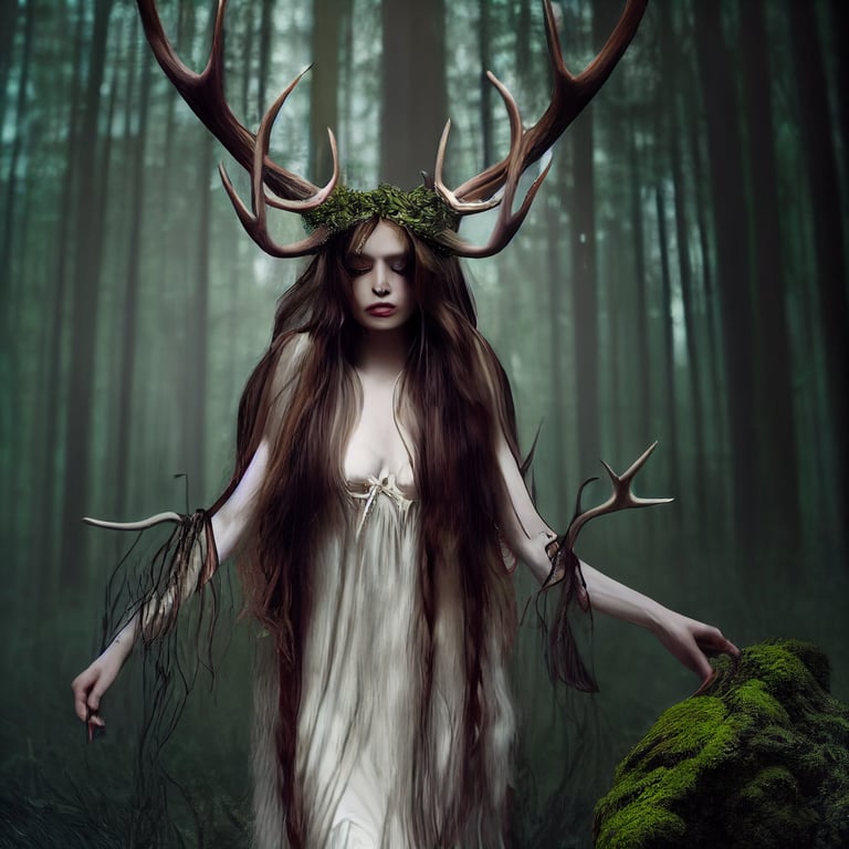 prompthunt: forest nymph elf fairy woman with long tangled hair and flowing dress and antlers on ...