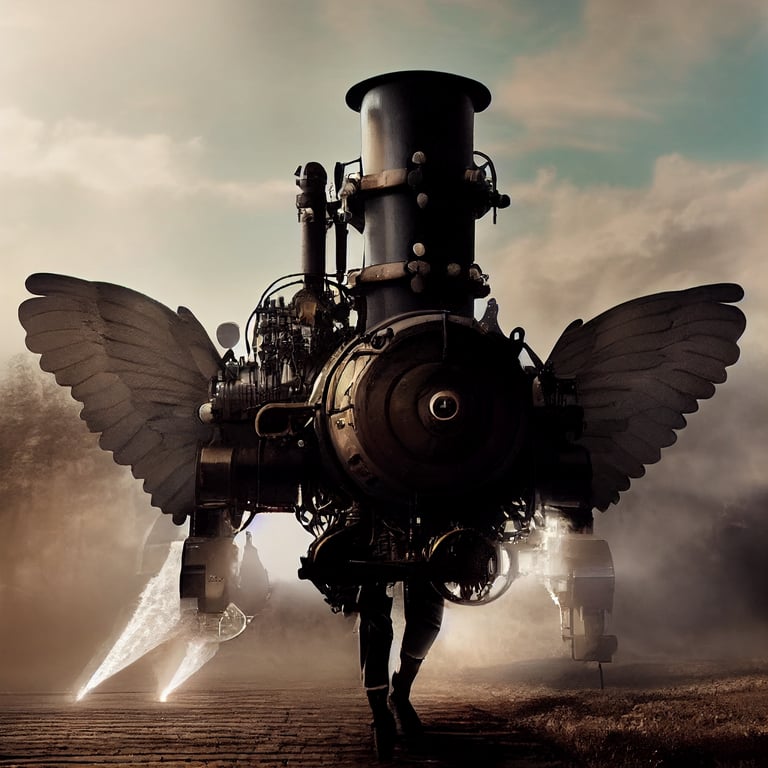 prompthunt: walking humanoid steam engine with angles wings, cinematic ...