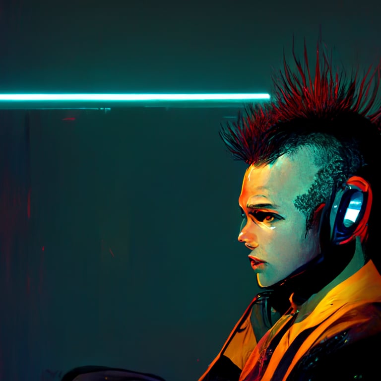 prompthunt: realistic male cyberpunk dj with a glowing mohawk listening ...