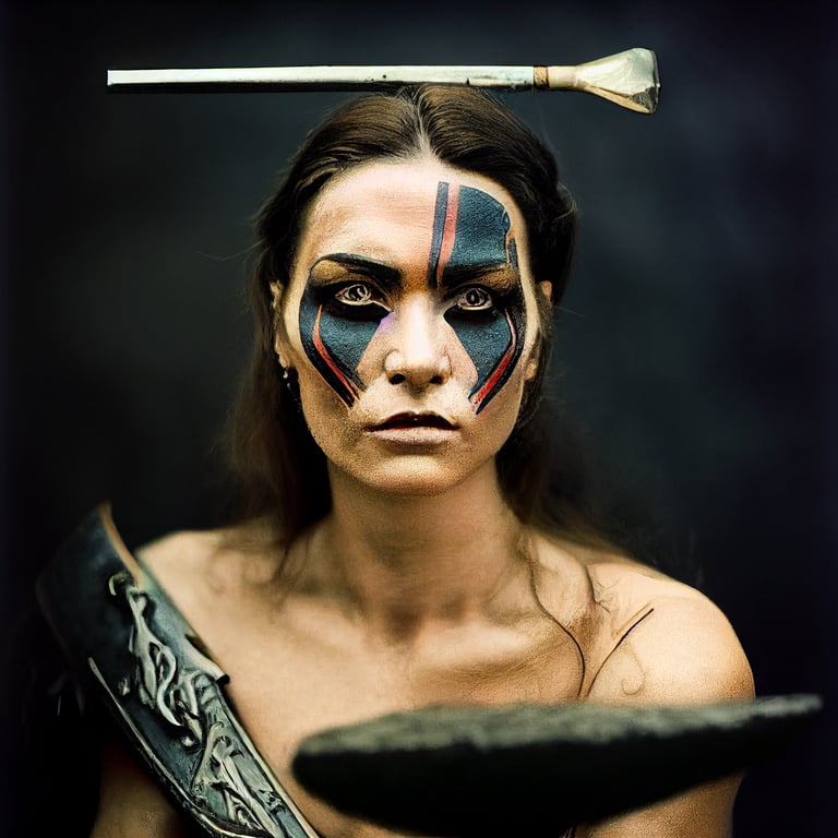 prompthunt: a Medium Shot of ancient barbarian warrior woman with war paint in style of robert ...