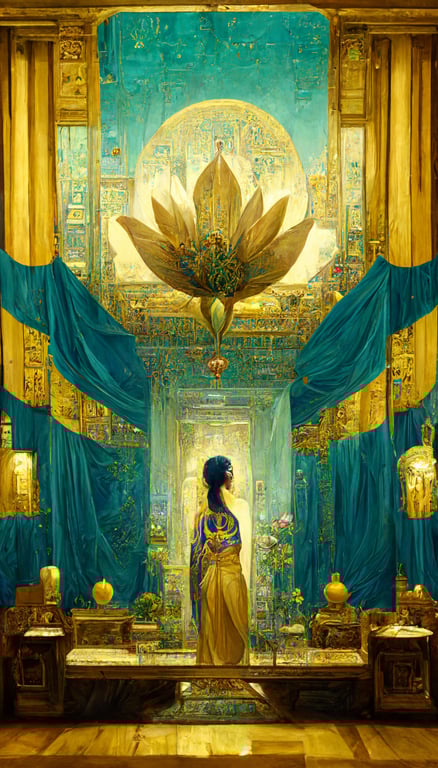 prompthunt: cleopatra in golden palace room surrounded by blue lotus ...