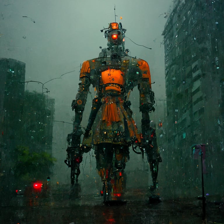 prompthunt: Cyberpunk, rainy day, 100 meter tall robot, orange light ...