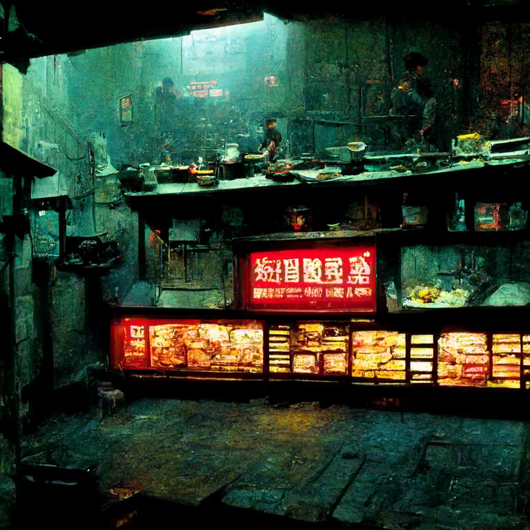 prompthunt: noodle shop inside kowloon walled city, grainy