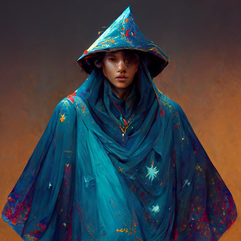 prompthunt: wizard, levitating, hood and flowing blue cloak poncho ...