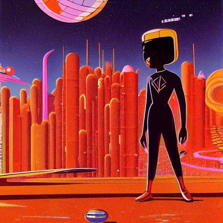 prompthunt: young black martian boy Elroy Jackson with space dog, 1960s ...