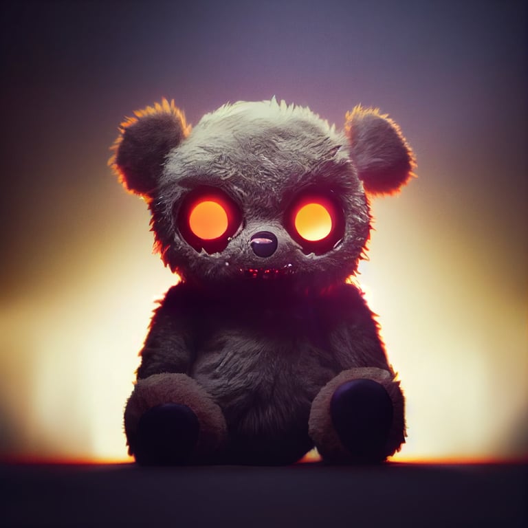 prompthunt: scary. tiny cute evil cyborg teddy bear plush stuffed toy ...
