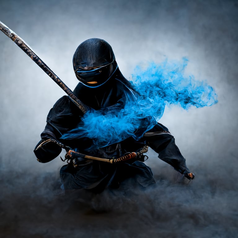prompthunt: black ninja with sword, blue smoke, portrate, hyper ...
