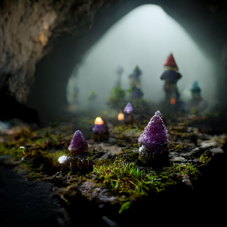 prompthunt: dark cave, little gnomes carrying bright gems, line of ...