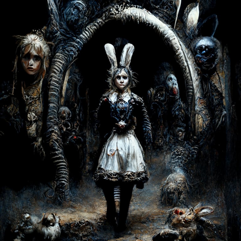 prompthunt: alice in wonderland with rabbits, horror dark scary, dim ...