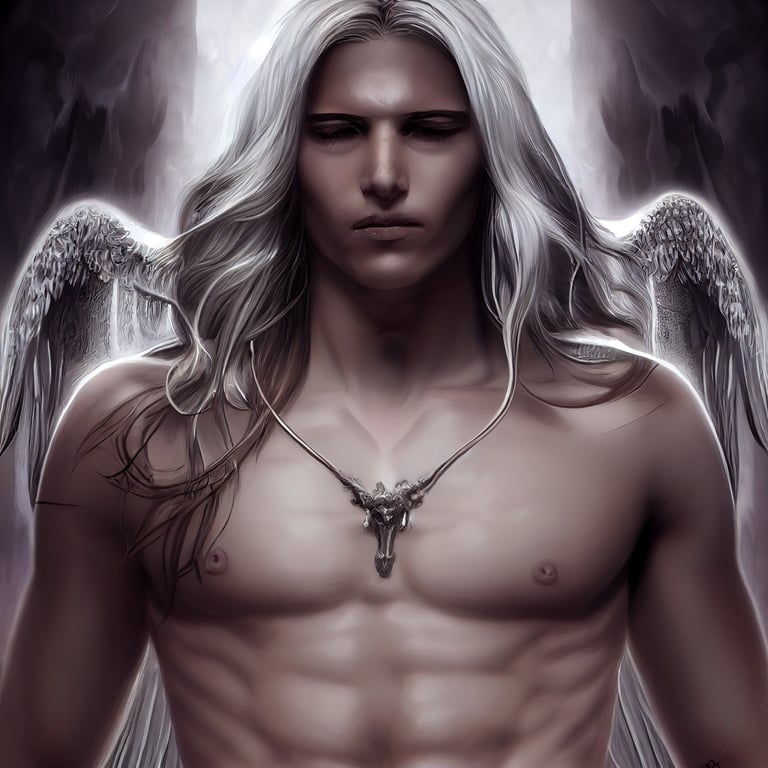 prompthunt: **extremely beautiful athletic Lucifer angel with beautiful silver eyes and silver ...