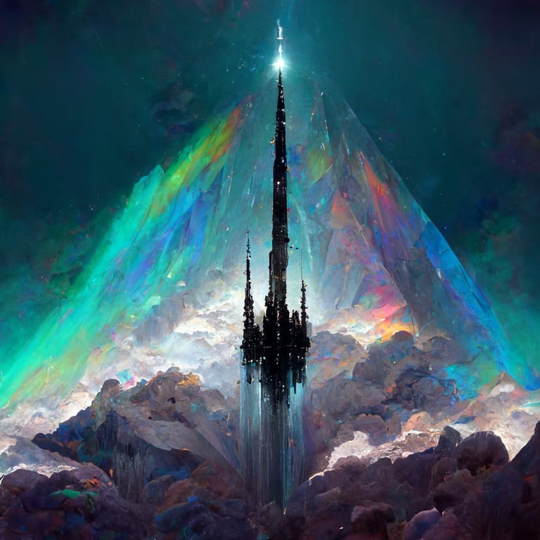prompthunt: great Crystalline prism fantasy spire in a black sky above ...