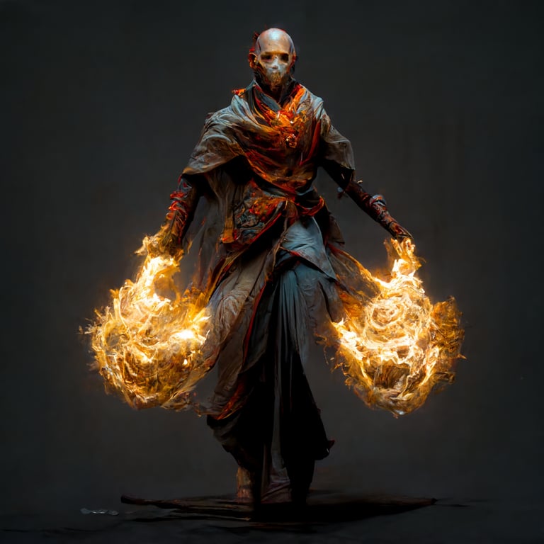 prompthunt: Fire mage, bald, burn victim, wielding fire in both hands ...