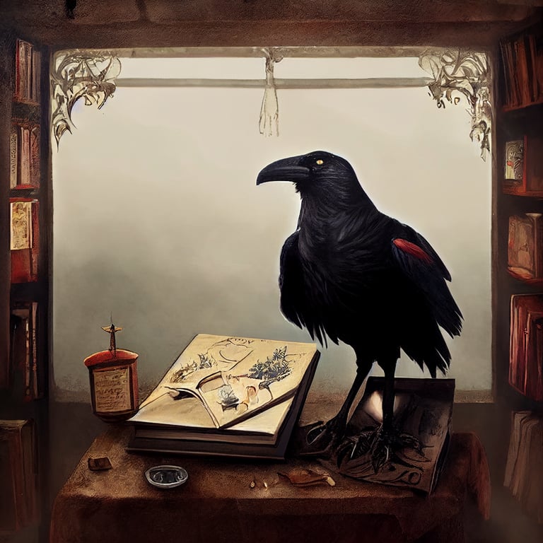 prompthunt: crow as a fantasy innkeeper + books + mixtures + magic