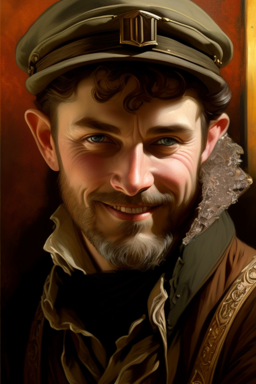 ill-bear32: Halfling man, friendly mutton chops, brown hair, large cheeks, old dirty checked cap ...