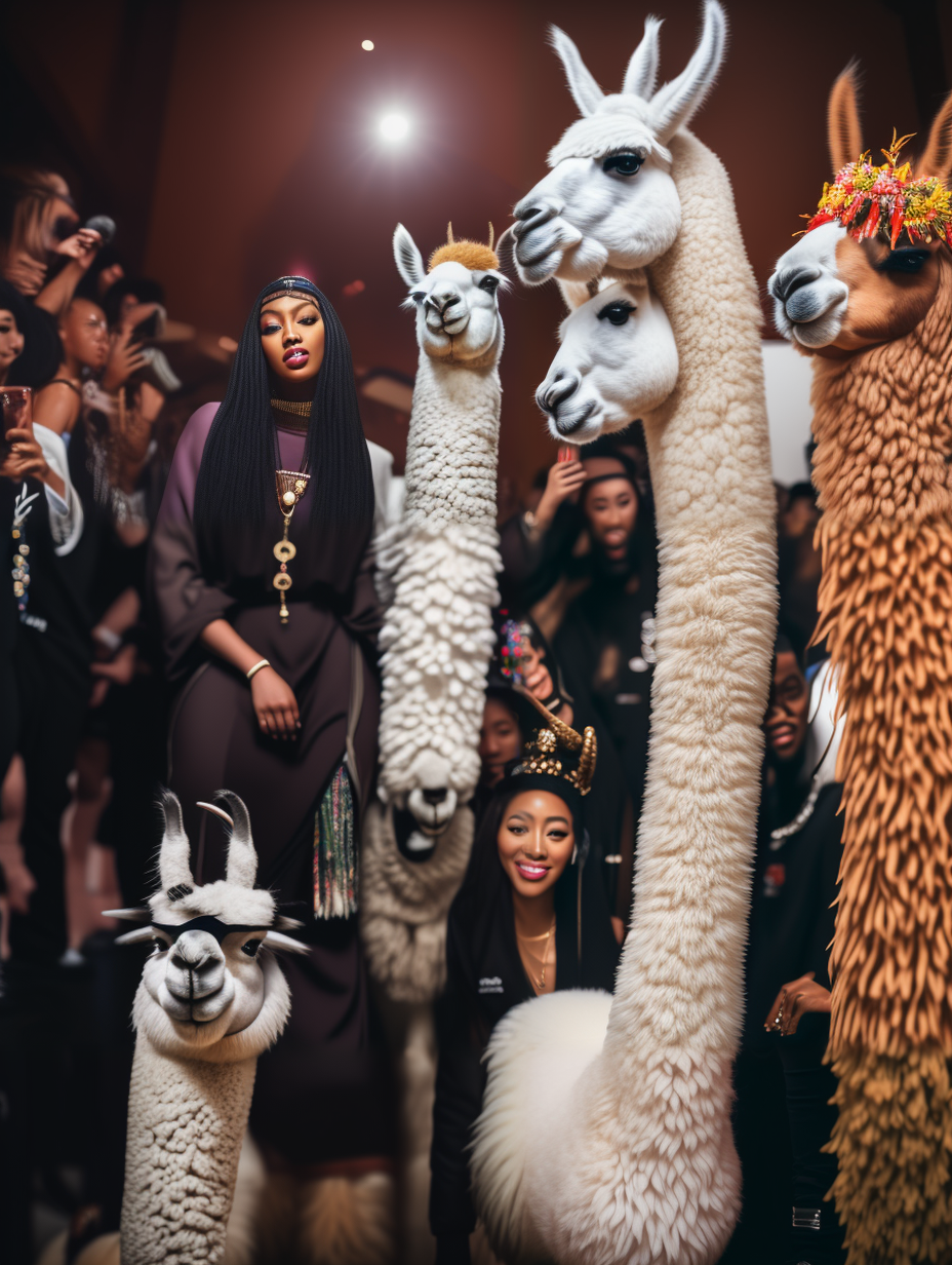 frosty-wasp562: full body shot Very tall rapper llama and her entourage