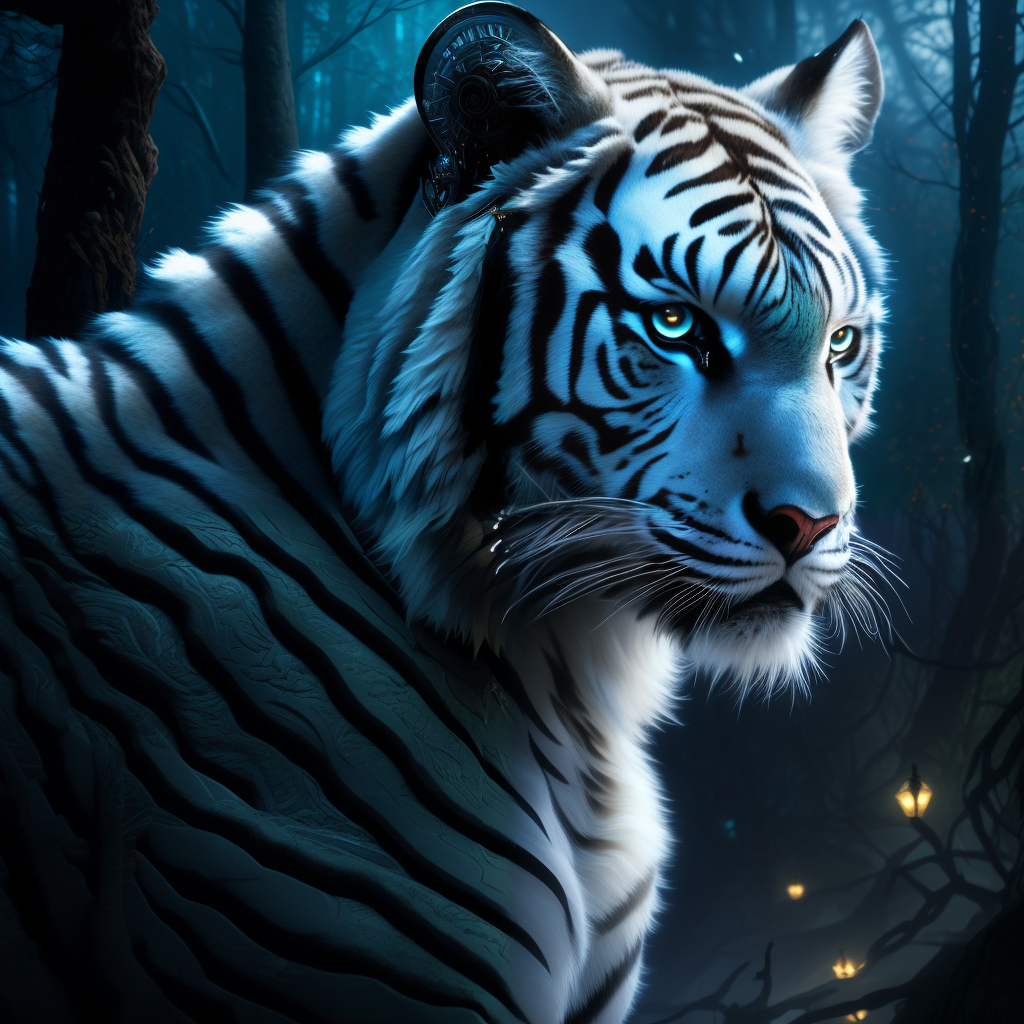 intent-slug674: Anthropomorphic white tiger warrior dark shadowy woods