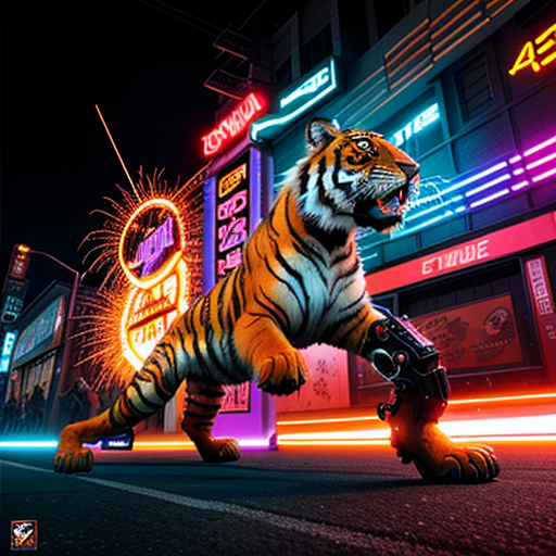 LOUVARY: A roaring cybernetic tiger made of metal and wires on a neon ...